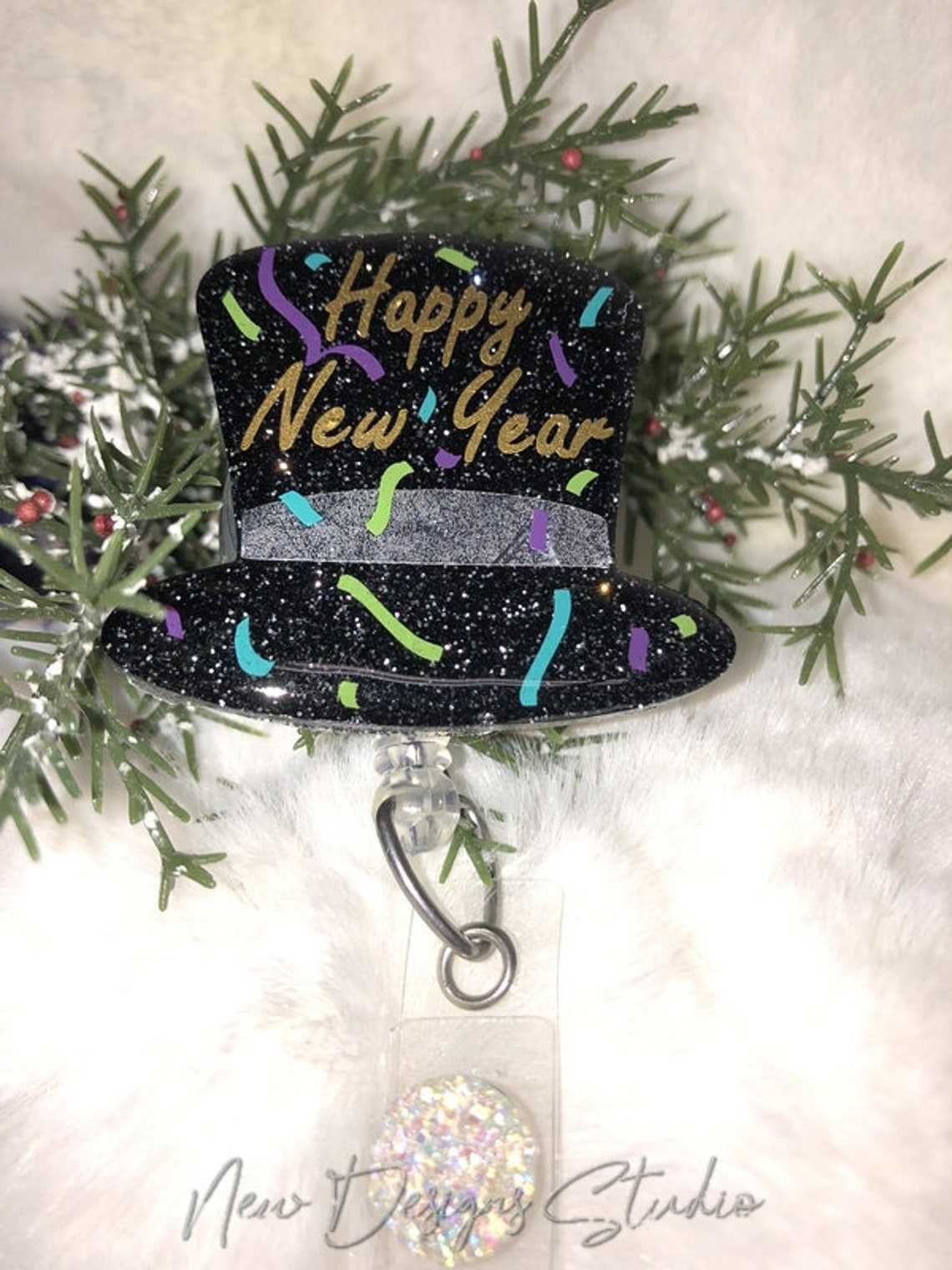 New Years Badge Holder, Top Hat ID Pull, Happy New Year Hat ID Holder ...