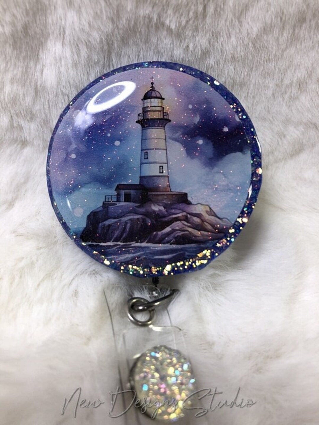 Lighthouse ID Holder, Stained Glass Lighthouse Badge Reel, Summer ID ...
