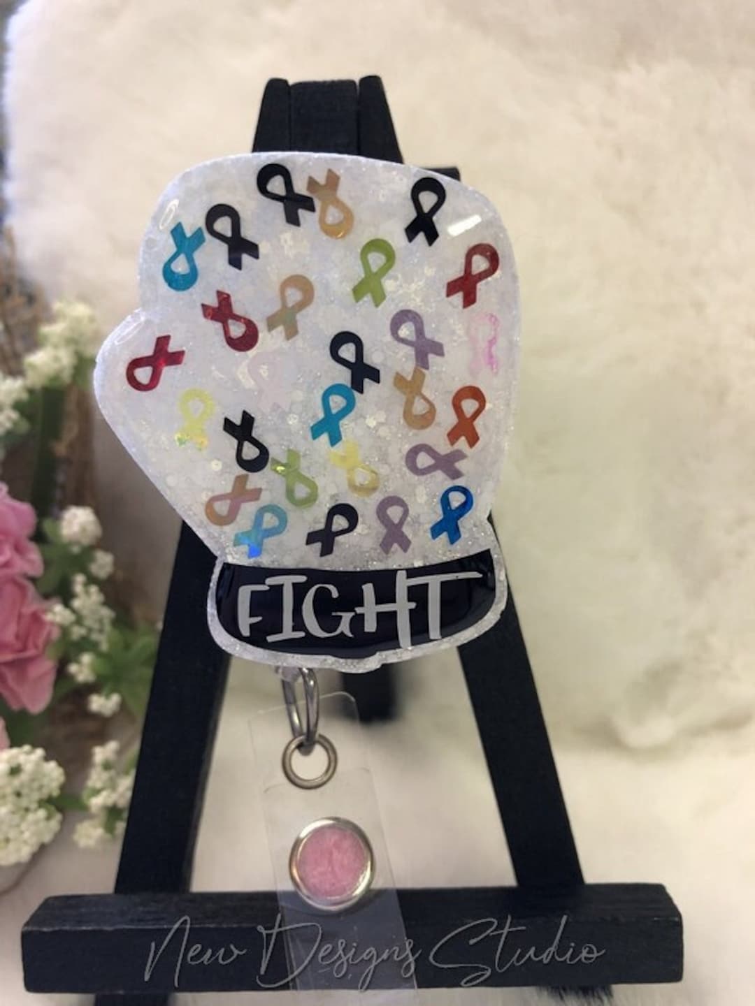 Cancer Awareness Ribbon Boxing Glove Badge Reel, Epoxy ID Holder - Etsy