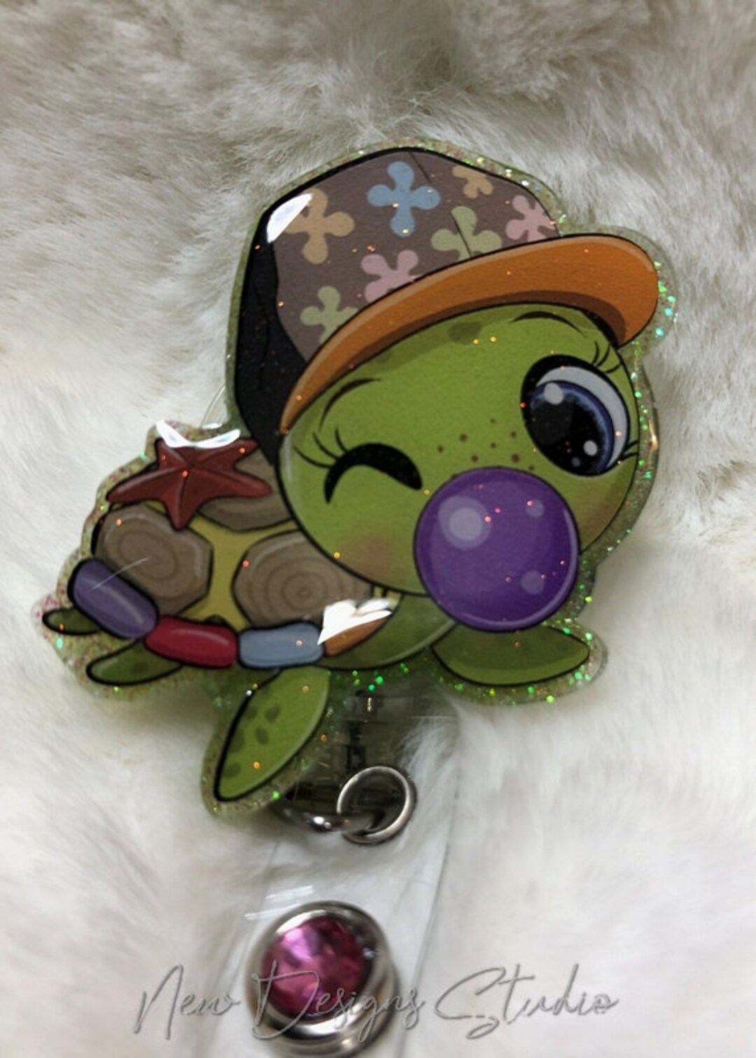 Green Turtle With Hat Badge Reel, Acrylic Badge Pulls, Medical ...