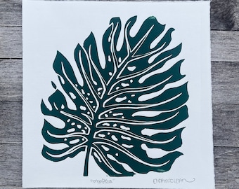 Monstera Linocut in Black, Plant Linocut, Houseplant Blockprint Art ...