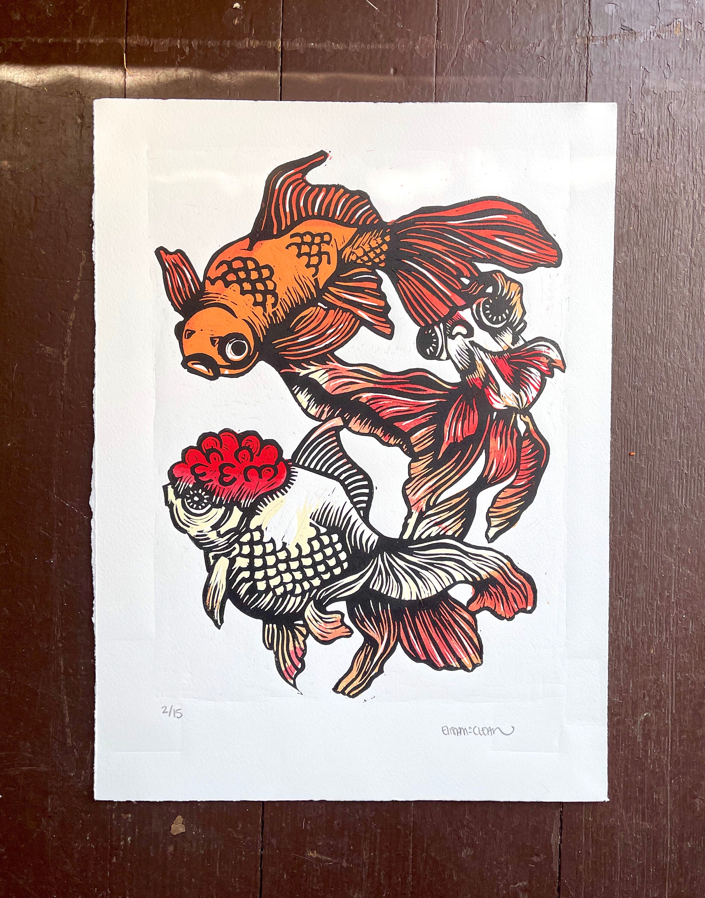 Swimming Fish Linoleum Print | Etsy
