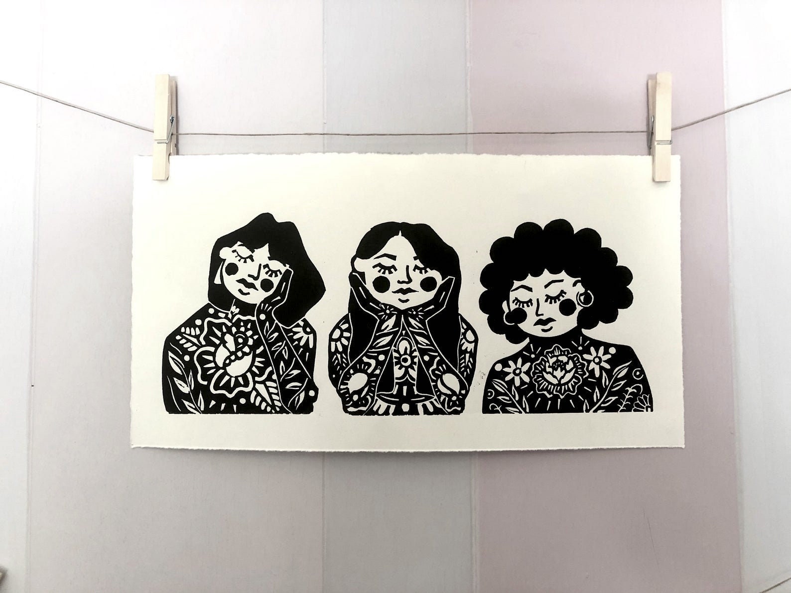 Three Ladies Linocut Print | Etsy