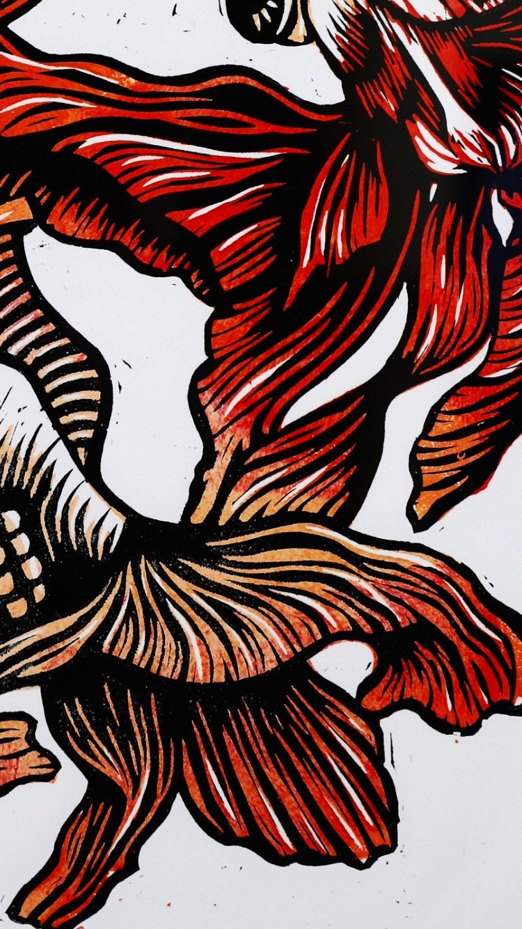 Swimming Fish Linoleum Print - Etsy