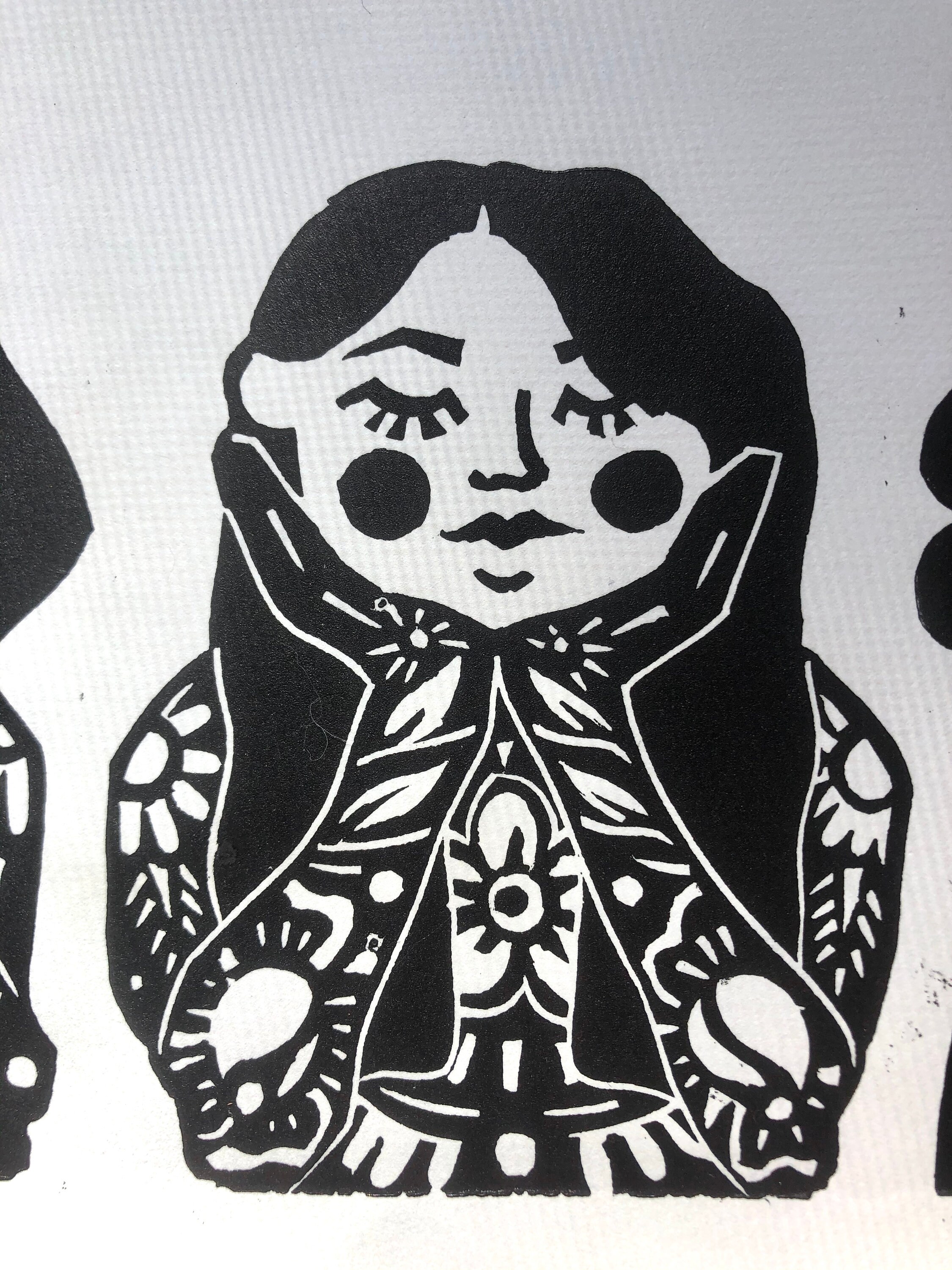 Three Ladies Linocut Print | Etsy