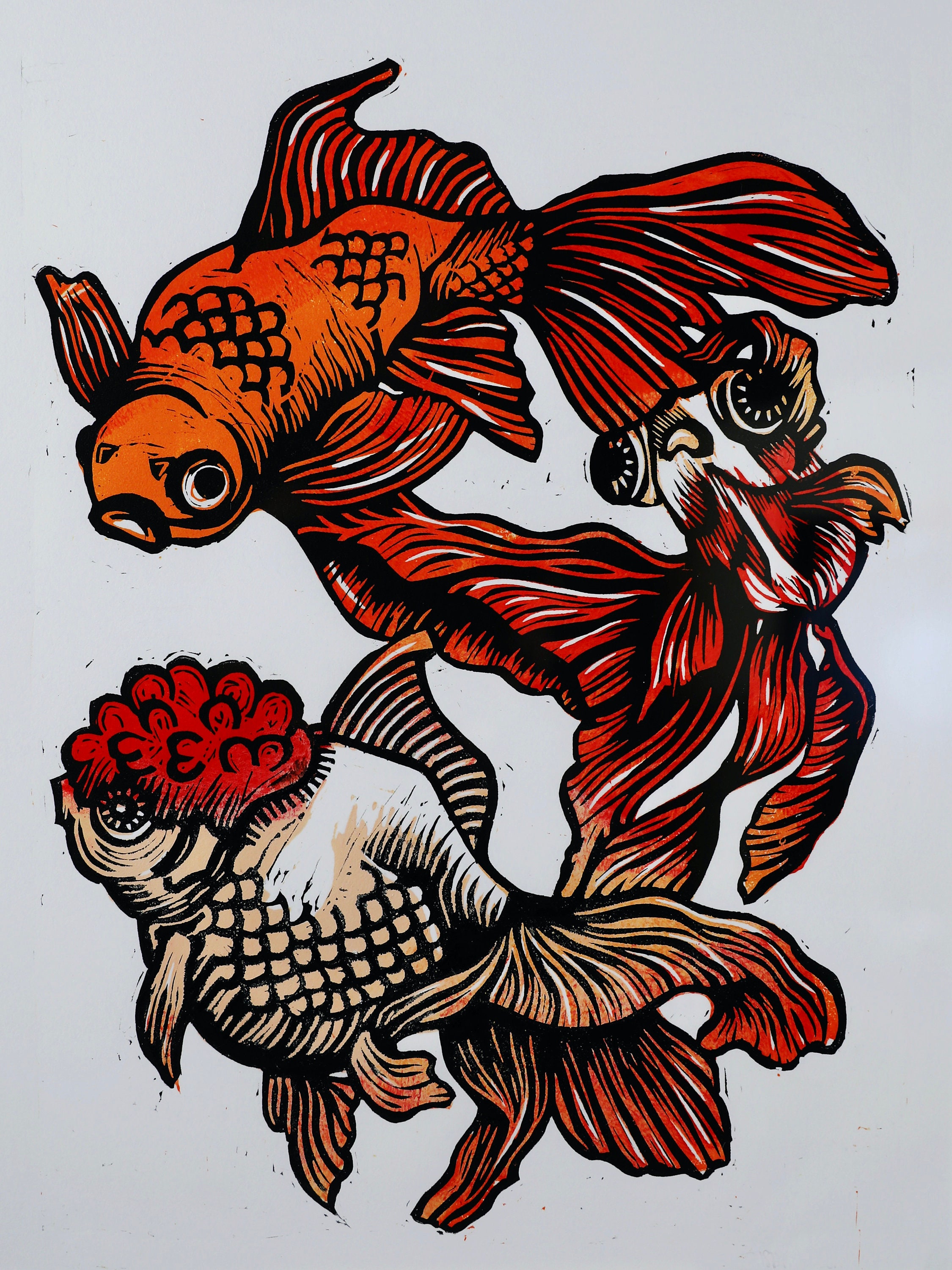 Swimming Fish Linoleum Print | Etsy