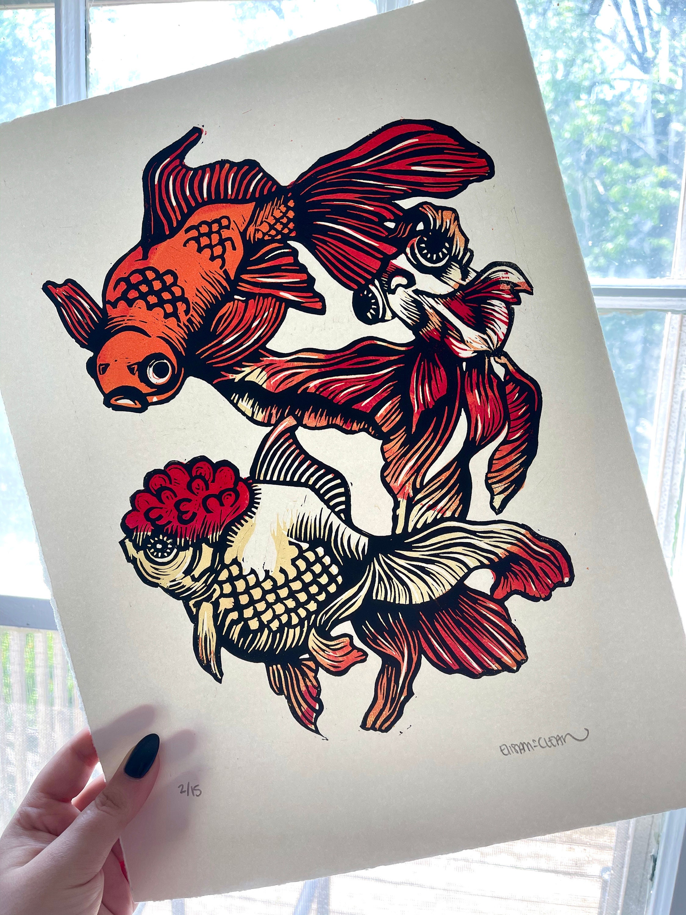 Swimming Fish Linoleum Print - Etsy