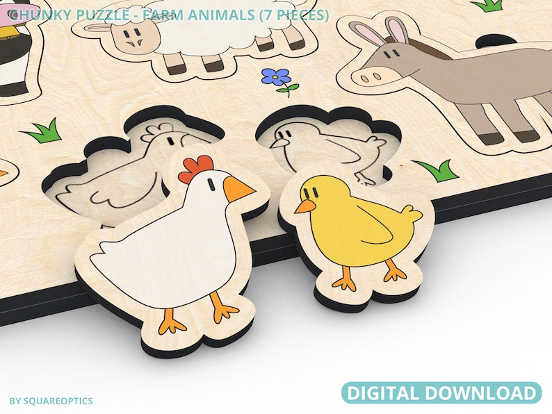 Farm Animals Chunky Puzzle Laser Cut File for Toddlers | Digital ...