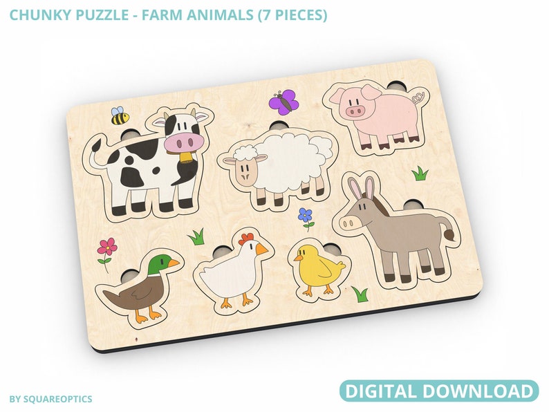 Farm Animals Chunky Puzzle Laser Cut File for Toddlers | Digital ...