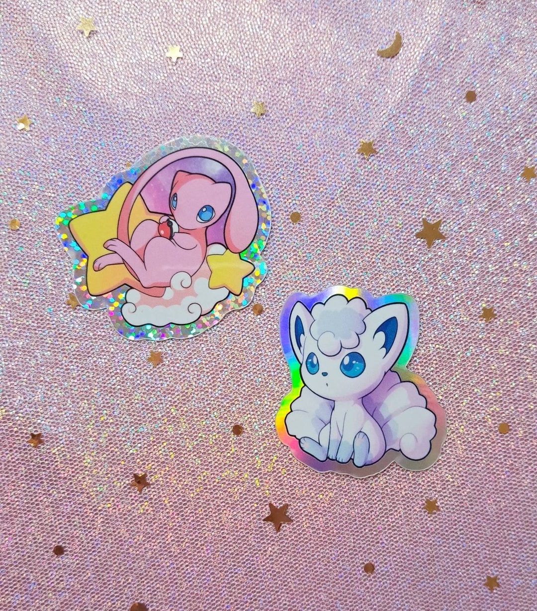 Alolan Vulpix and Mew Holographic Glitter Vinyl Glossy Stickers - Etsy