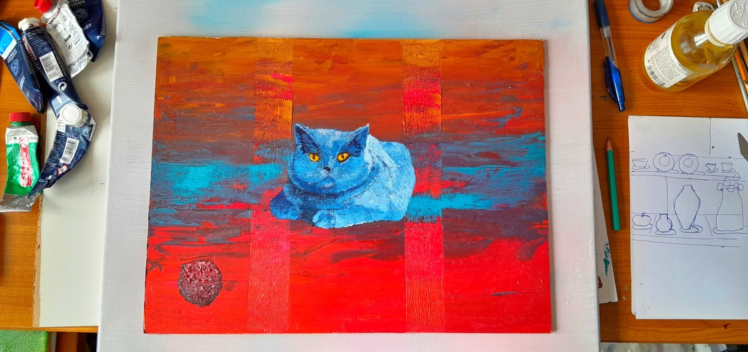 Original Blue Cat Artwork on Hand Painted MDF Unique Contemporary ...