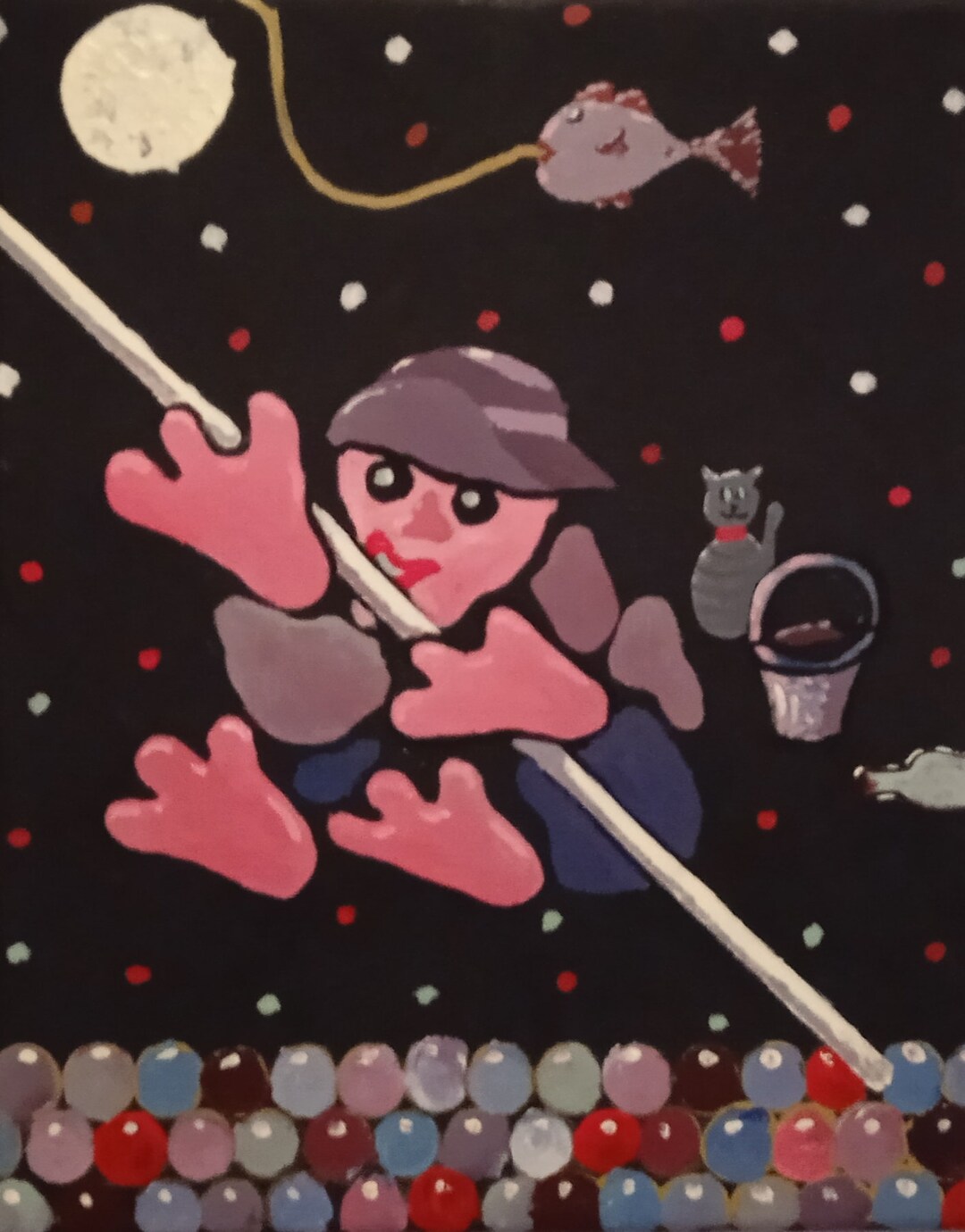 Night Angler With a Cat in the Background. Original Painting Acrylic on ...