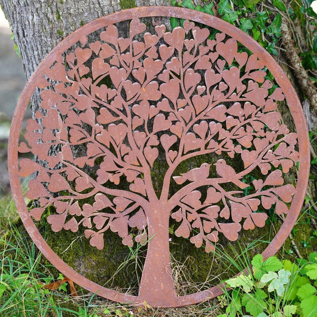 60cm Heart Tree Of Life Bird Wall Plaque Metal Hanging Garden Ornament