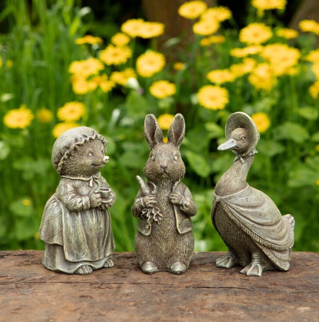 Set 3 Peter Rabbit Jemima Mrs Hedgehog Resin Statue Home Garden Beatrix ...