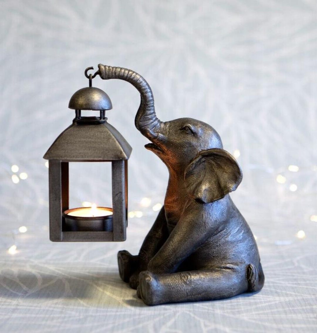 Elephant With Lantern Tealight Holder | Resin Statue Ornament Metal ...
