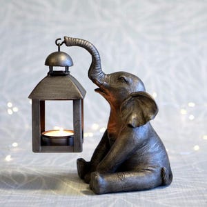 Elephant With Lantern Tealight Holder Resin Statue Ornament Metal Home ...