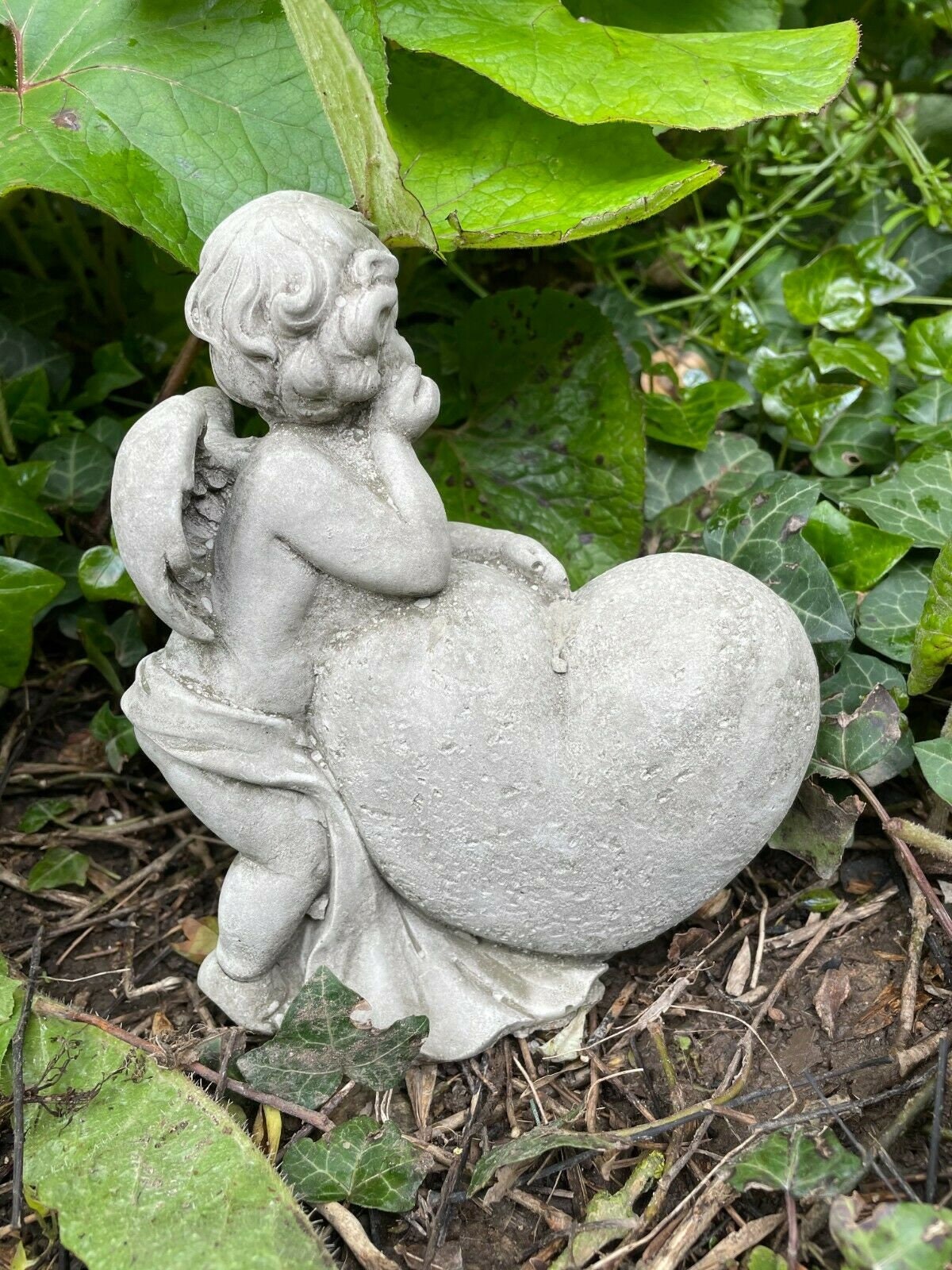 Cherub W Heart Stone Statue Reconstituted Angel Nymph - Etsy