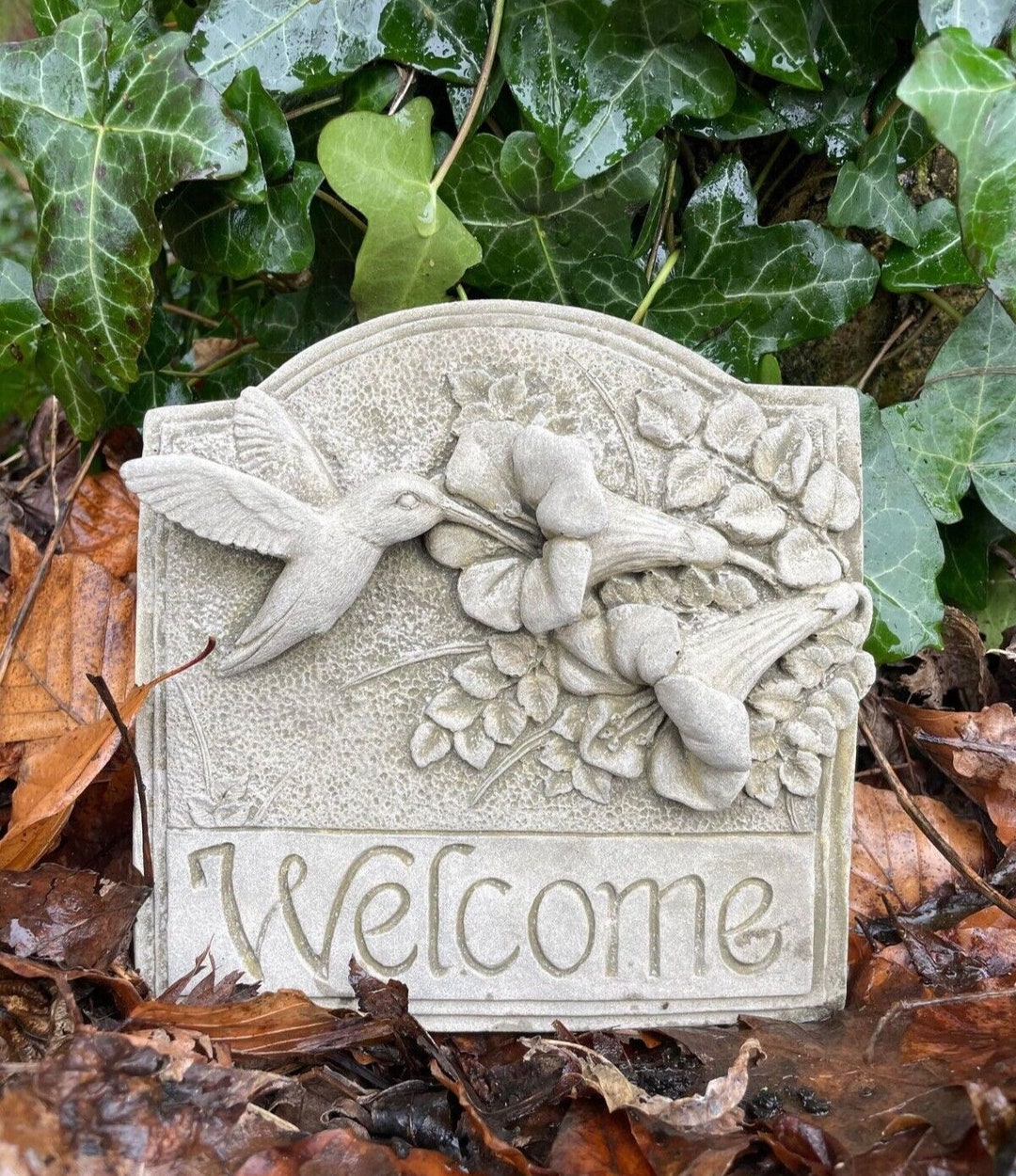 Welcome Stone Hummingbird Plaque Vintage Decor Outdoor Home Ornament ...