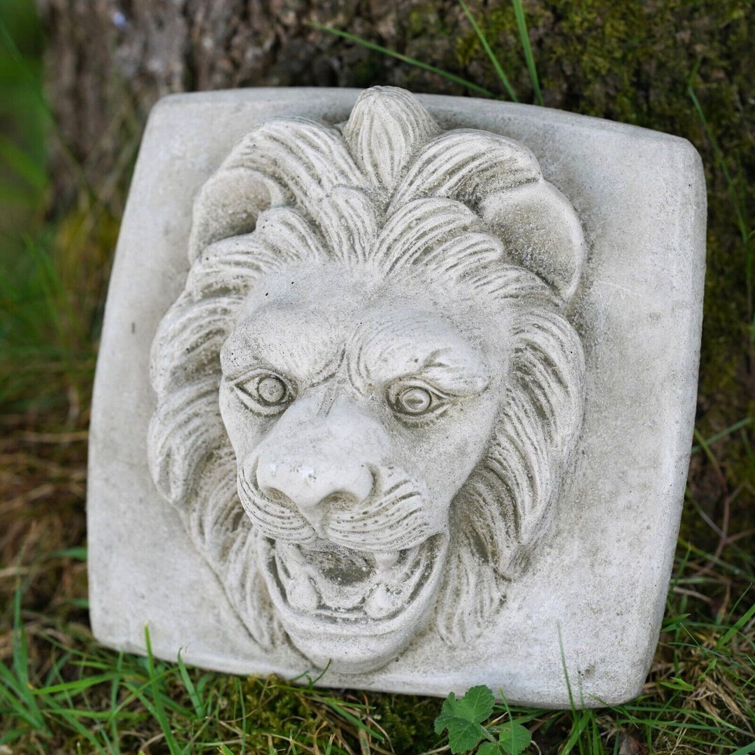 Lion Head Square Hanging Wall Plaque | Stone Antique Style Outdoor ...