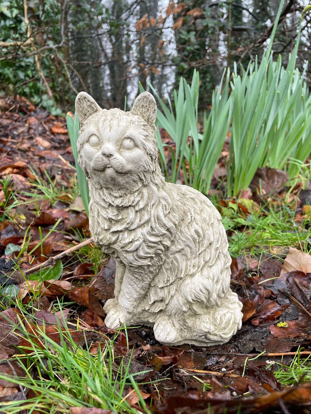 Furry Cat Stone Statue | Reconstituted Kitty Animal Concrete Garden ...