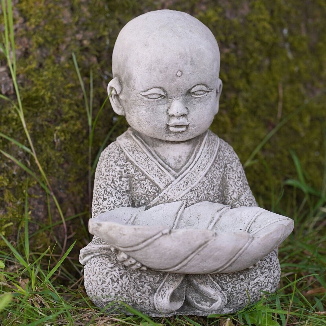 Serene Monk Bird Feeder Stone Statue | Buddha Oriental Garden Outdoor ...