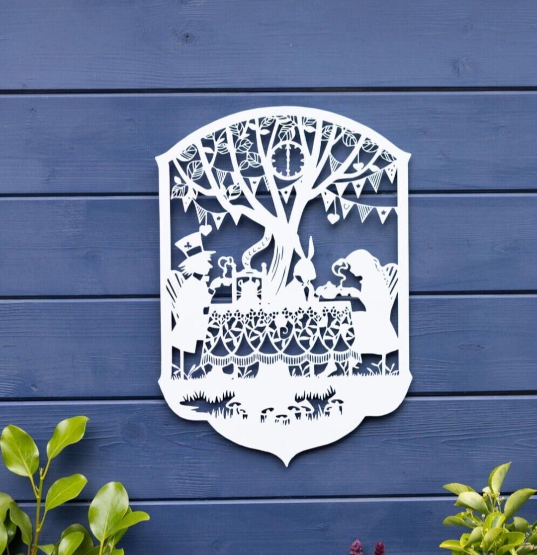 Large Alice in Wonderland Metal Wall Plaque in White Hanging Outdoor ...
