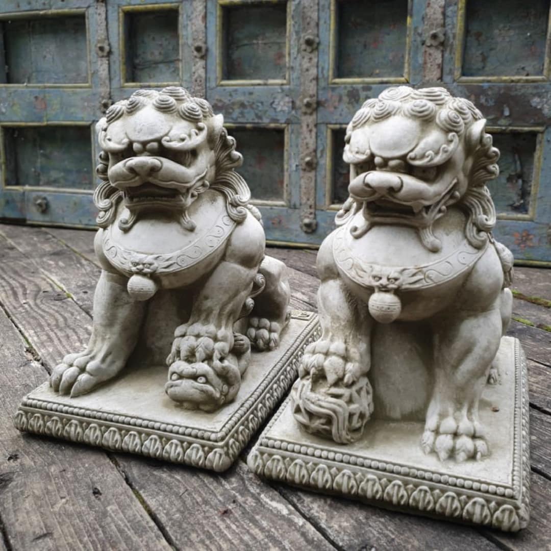 Pair of Foo Dog Stone Statues Oriental Dragon Animal Buddha Garden ...