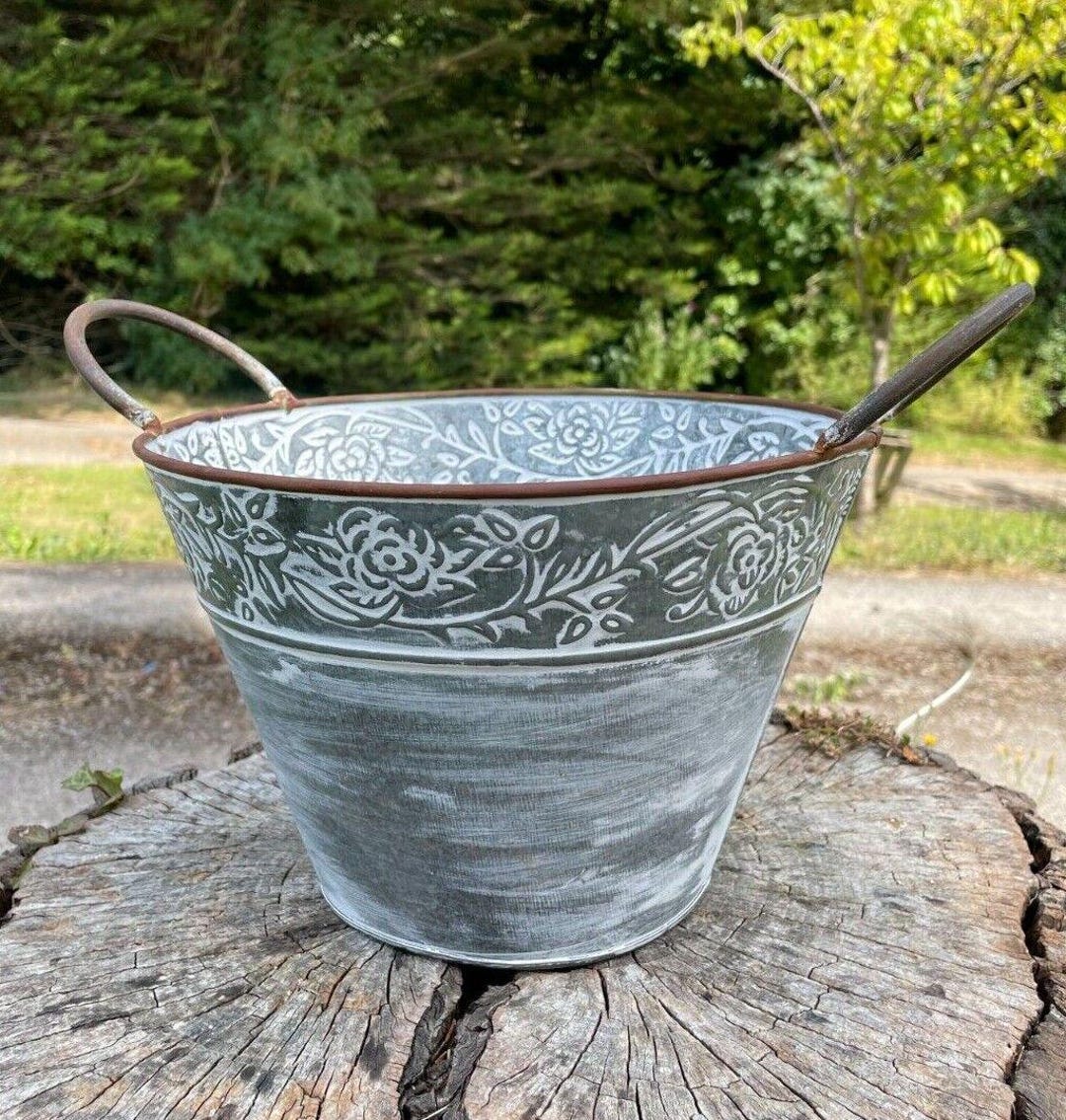 Galvanised Flower Pot With Handles | Outdoor Garden Metal Steel Planter ...