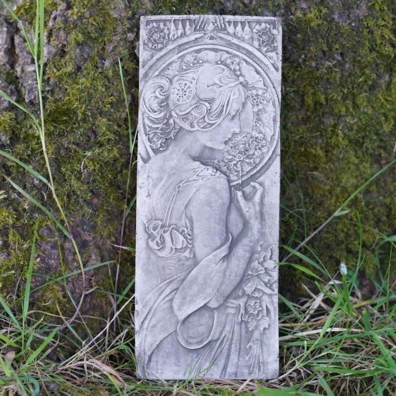 Art Nouveau Garden Wall Plaque | Stone Hanging Statue Outdoor Deco Lady ...