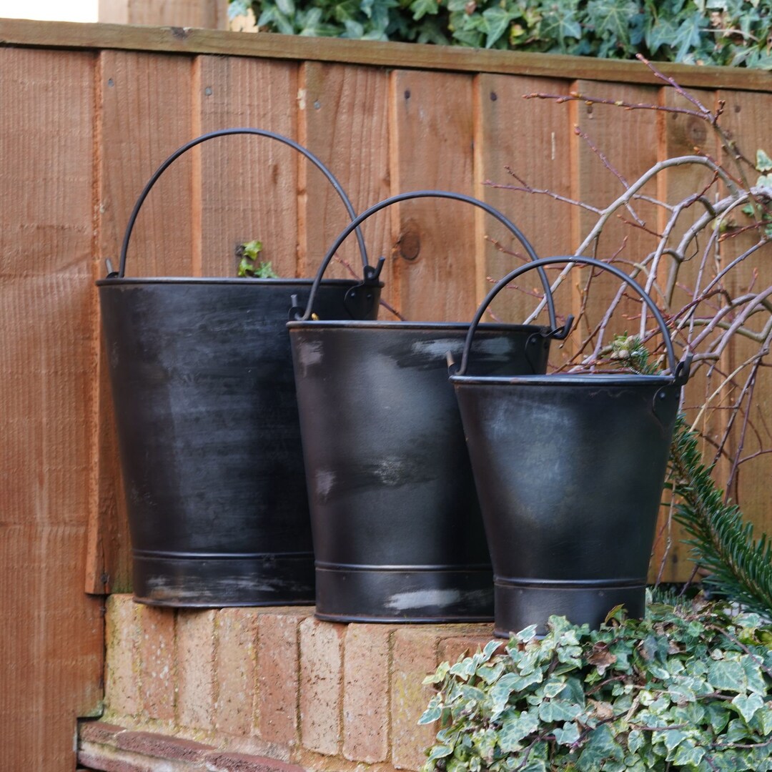 Galvanised Rustic Black Bucket Planters Set 3 Metal Garden Flower Pot ...