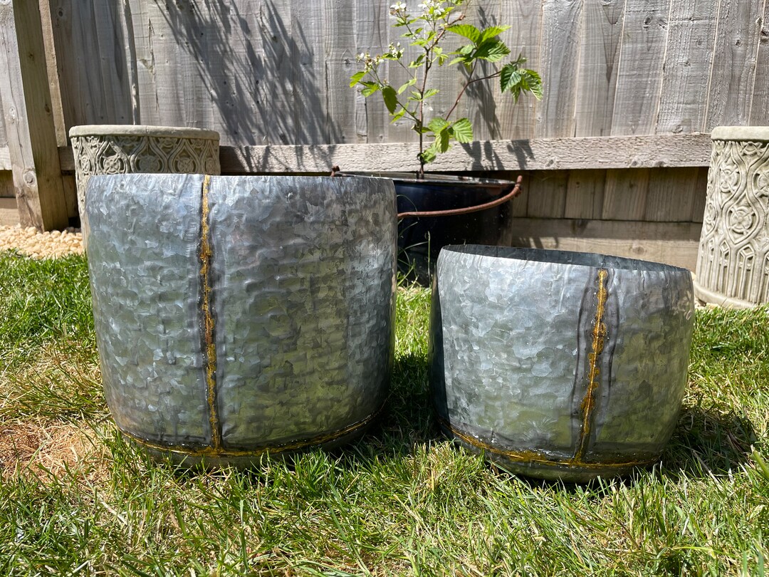 Set or 1 Galvanised Zinc Gold Stripe Metal Pots Planters |hanging ...