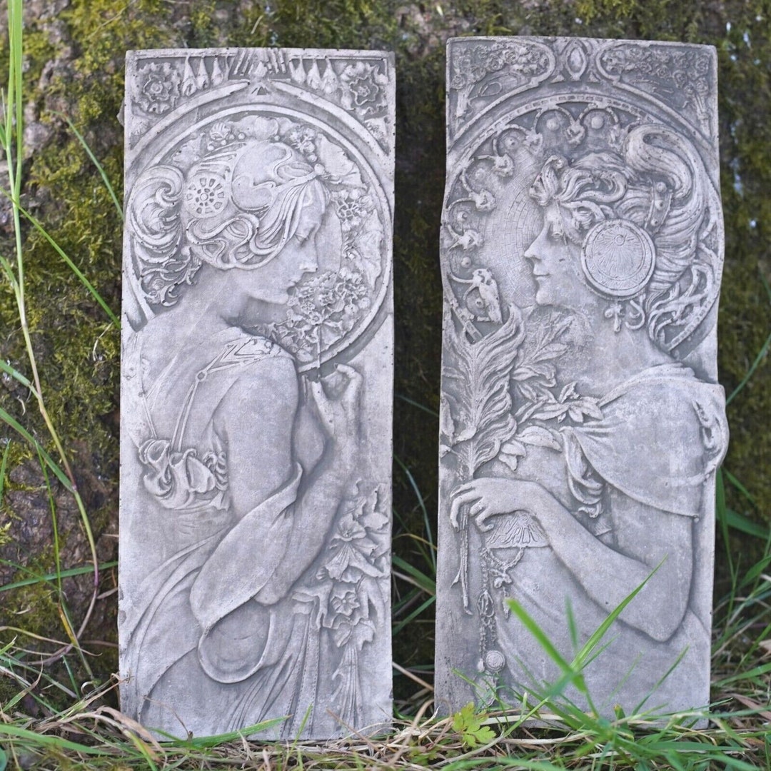 Art Nouveau Garden Wall Plaque | Stone Hanging Statue Outdoor Deco Lady ...