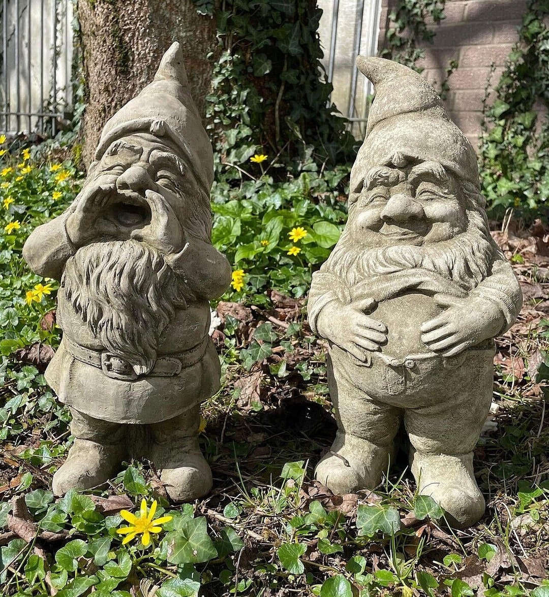 Pair of Stone Gnome Statues | Outdoor Dwarf Sprite Decoration Garden ...