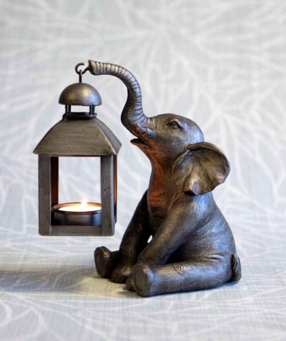 Elephant With Lantern Tealight Holder | Resin Statue Ornament Metal ...