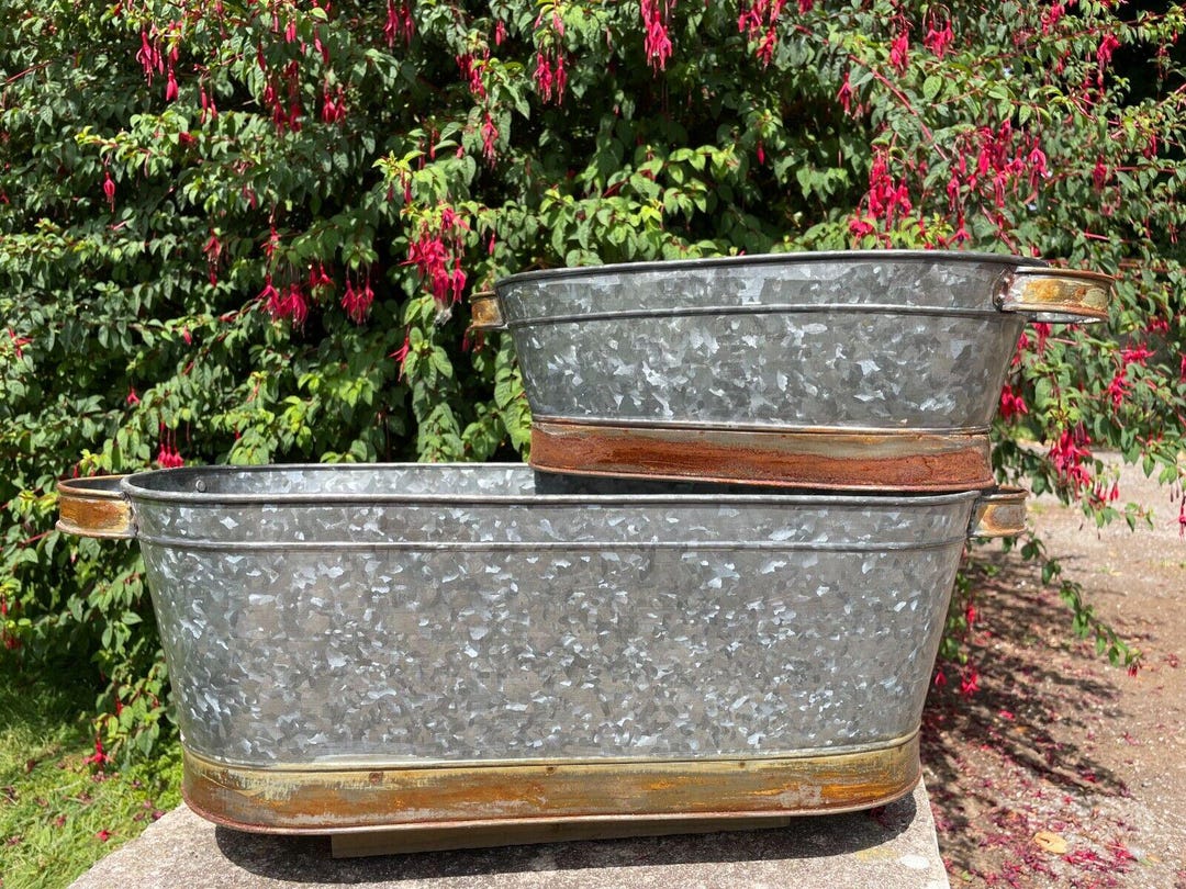 Set or 1 Galvanised Zinc Large Metal Planters Troughs Outdoor Garden ...