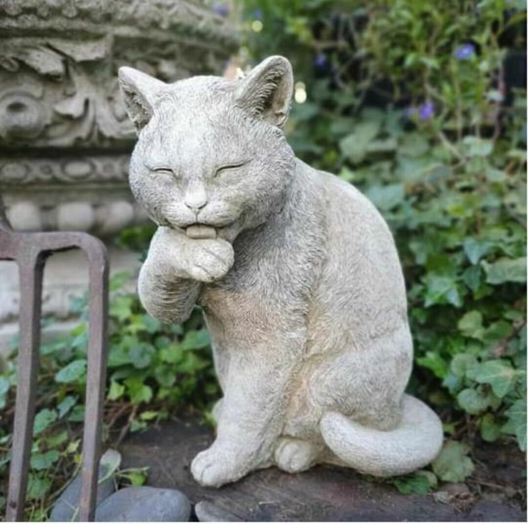 Preening Cat Statue Reconstituted Stone Animal Concrete Outdoor Kitten ...
