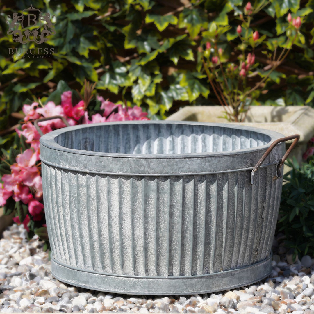Large Galvanised Dolly Tub With Handles | Metal Planter Trough Bowl ...