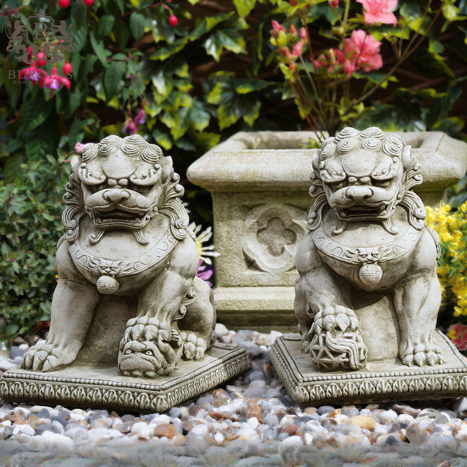 Pair of Foo Dog Stone Statues | Oriental Dragon Animal Buddha Garden ...