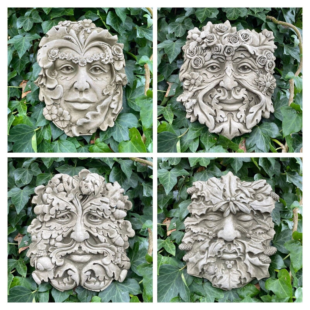 Set 4x Four Seasons Green Man Stone Hanging Plaque | Ivy Outdoor Garden ...