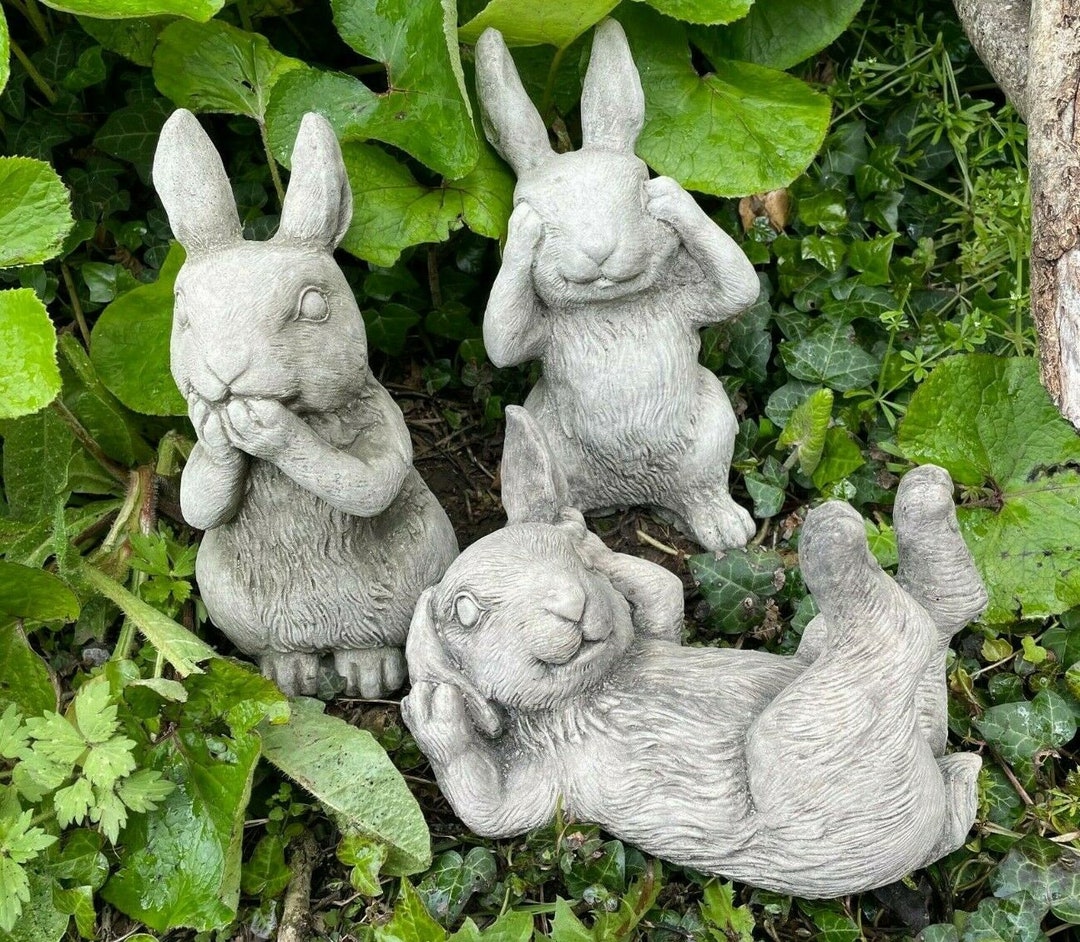 Set 3x Rabbits Stone Statue Reconstituted Outdoor Bunny Hare Garden ...