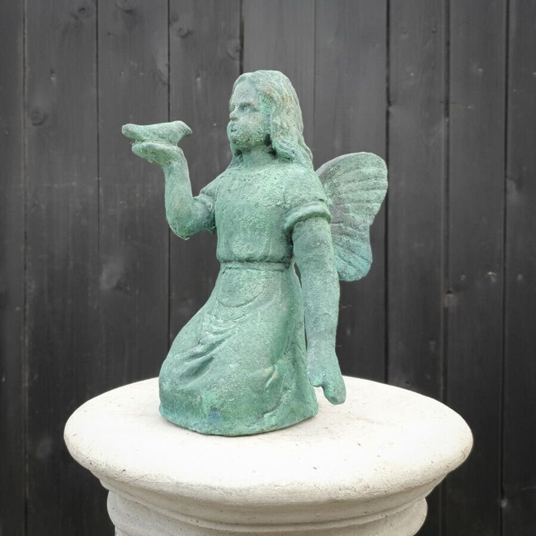 Cast Iron Fairy W Bird Antique Style Verdigris Home Garden Ornament ...