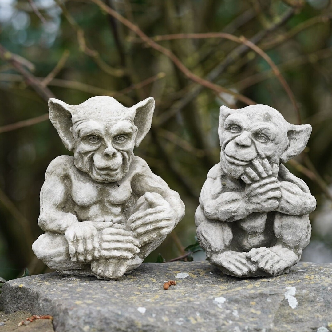 Pair of Sprite Gremlin Stone Statues | Gargoyle Outdoor Garden Ornament ...
