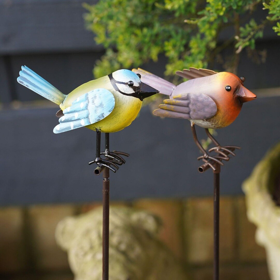 Bird on Stick Metal Robin Blue Tit Garden Sculpture | Outdoor Large ...
