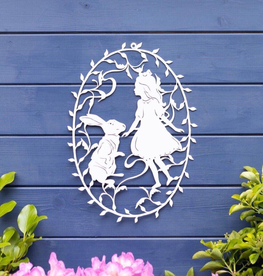 Large Alice in Wonderland Metal Wall Plaque in White Hanging Outdoor ...