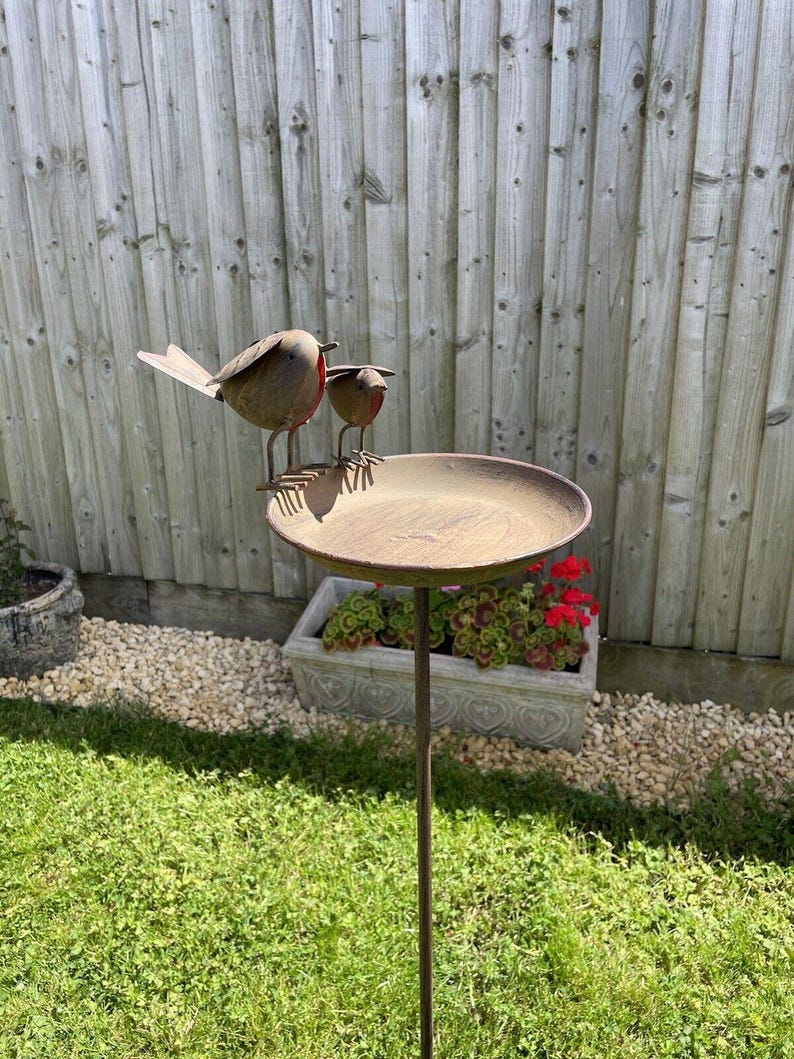 Duo Robin Bird Bath on Tall Spike | Metal British Garden Bird Statue ...