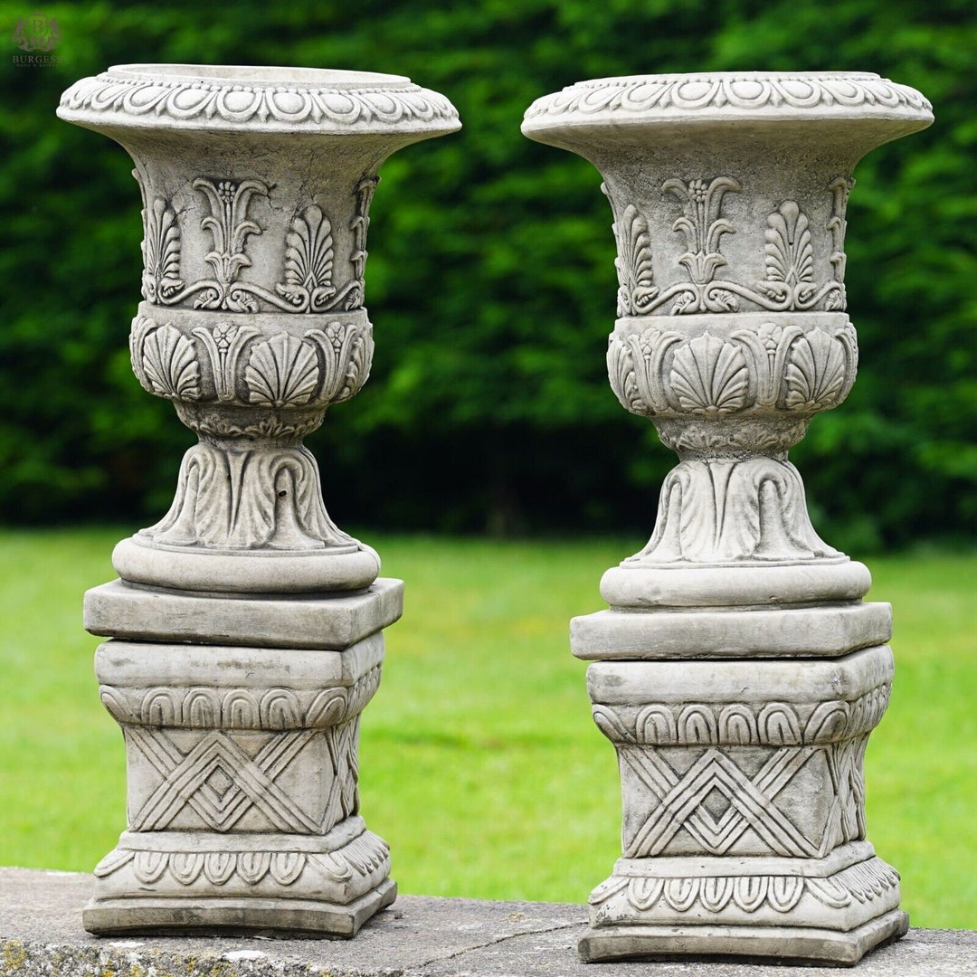 Pair of Classical Urns + Plinths Stone Garden Ornament | Large Pot ...
