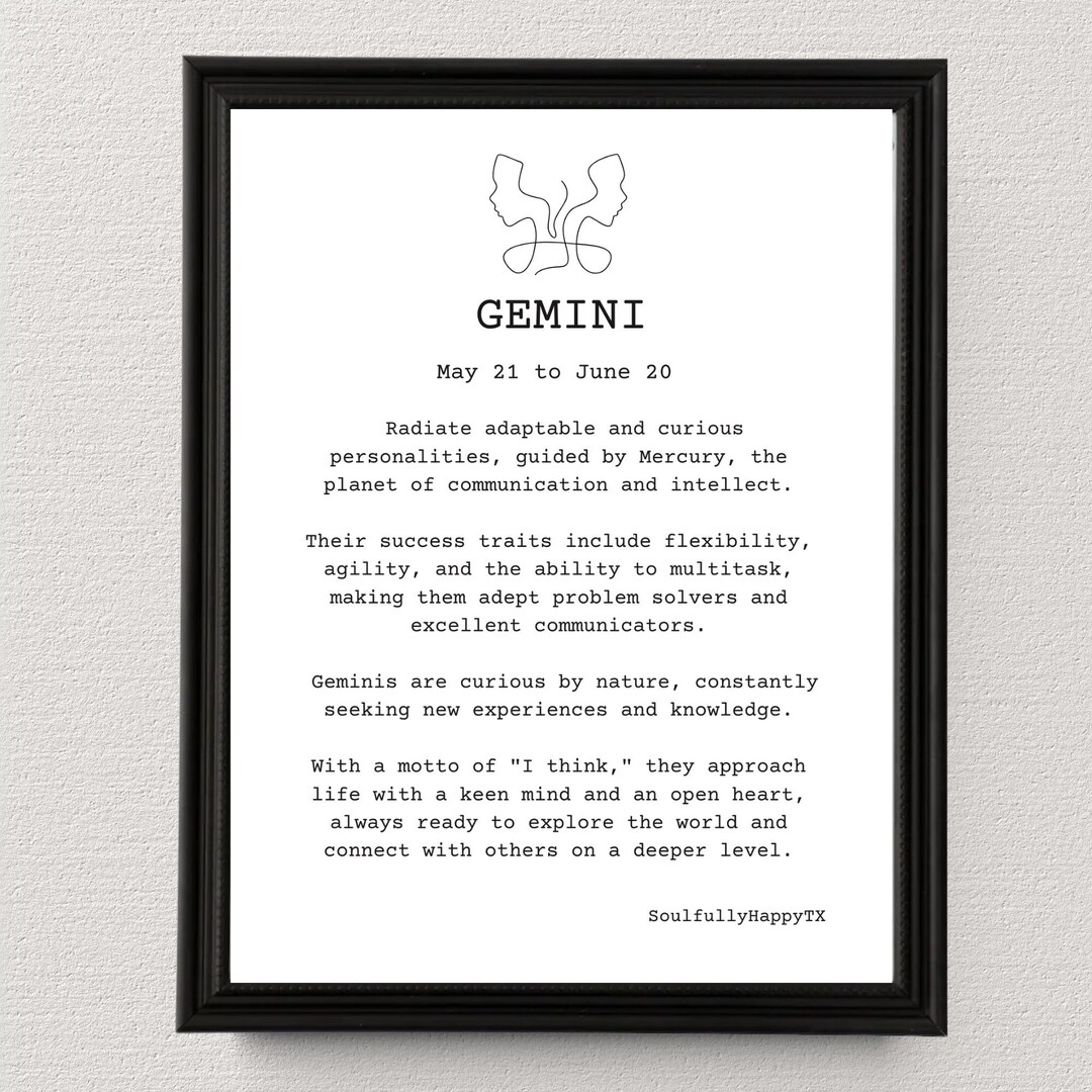 Gemini Poster Frame Zodiac Print Poster Wall Art Wall Decor Zodiac Gift ...
