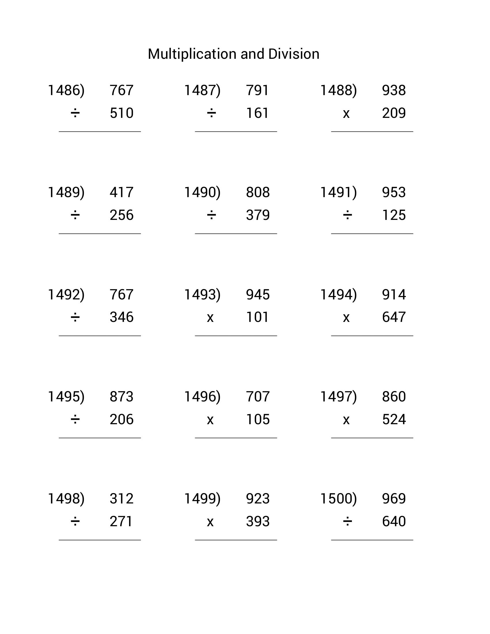 1500 Triple Digit Multiplication Division Math Problems Printable ...