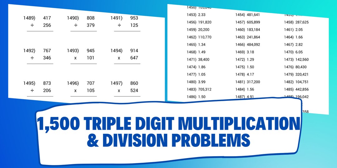 1500 Triple Digit Multiplication + Division Math Problems Printable ...