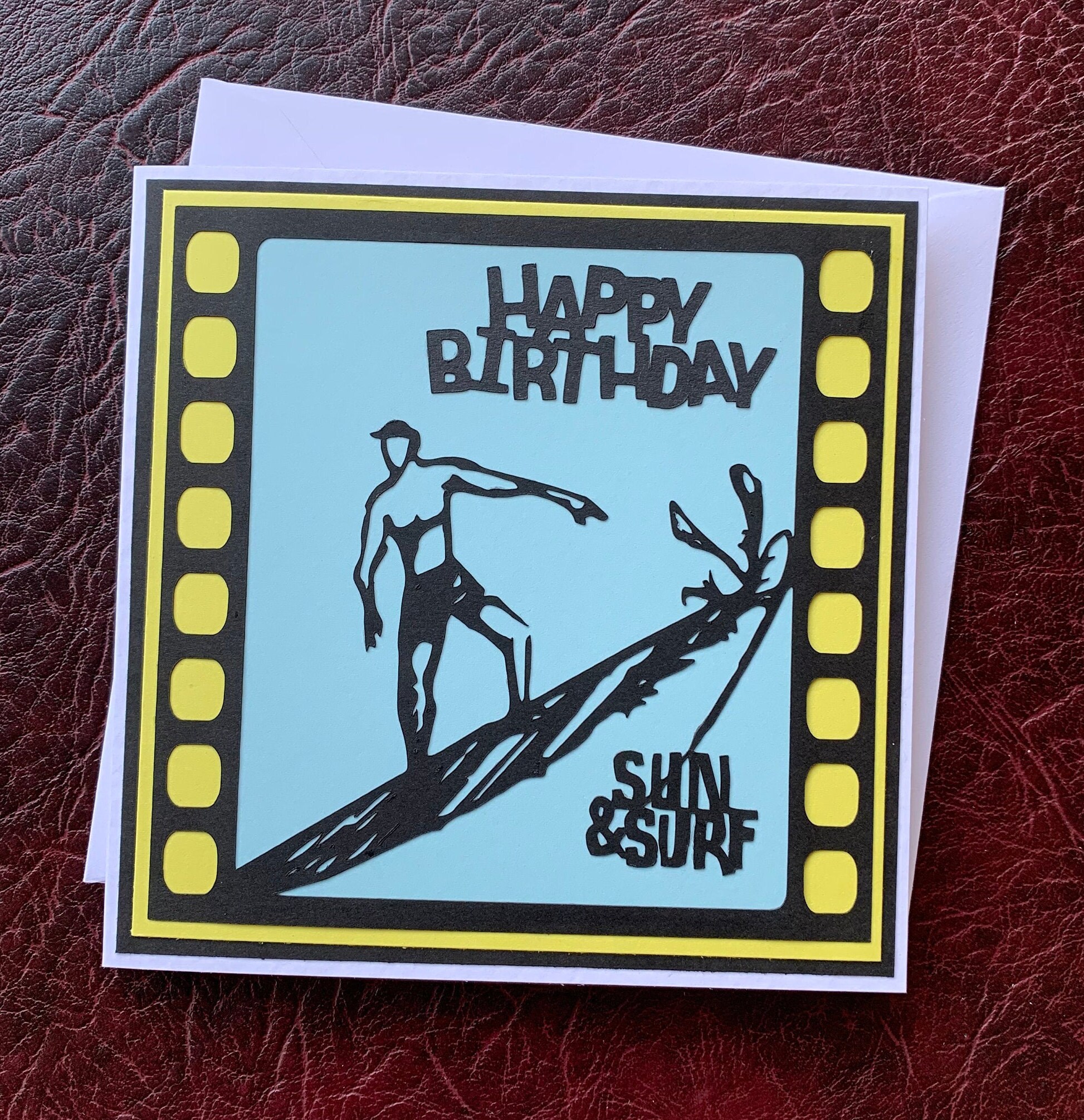 Birthday card handmade surfer surf board waves sea sun & | Etsy